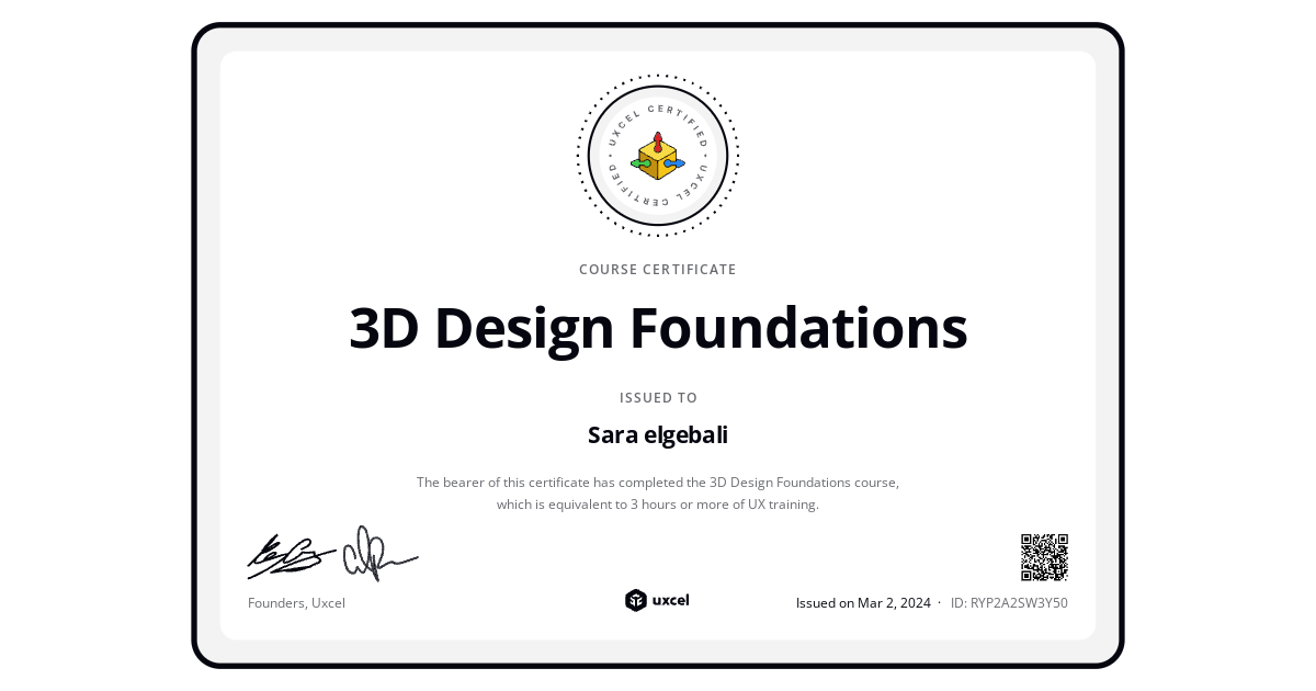 Certificate of completion for 3D Design Foundations | Uxcel